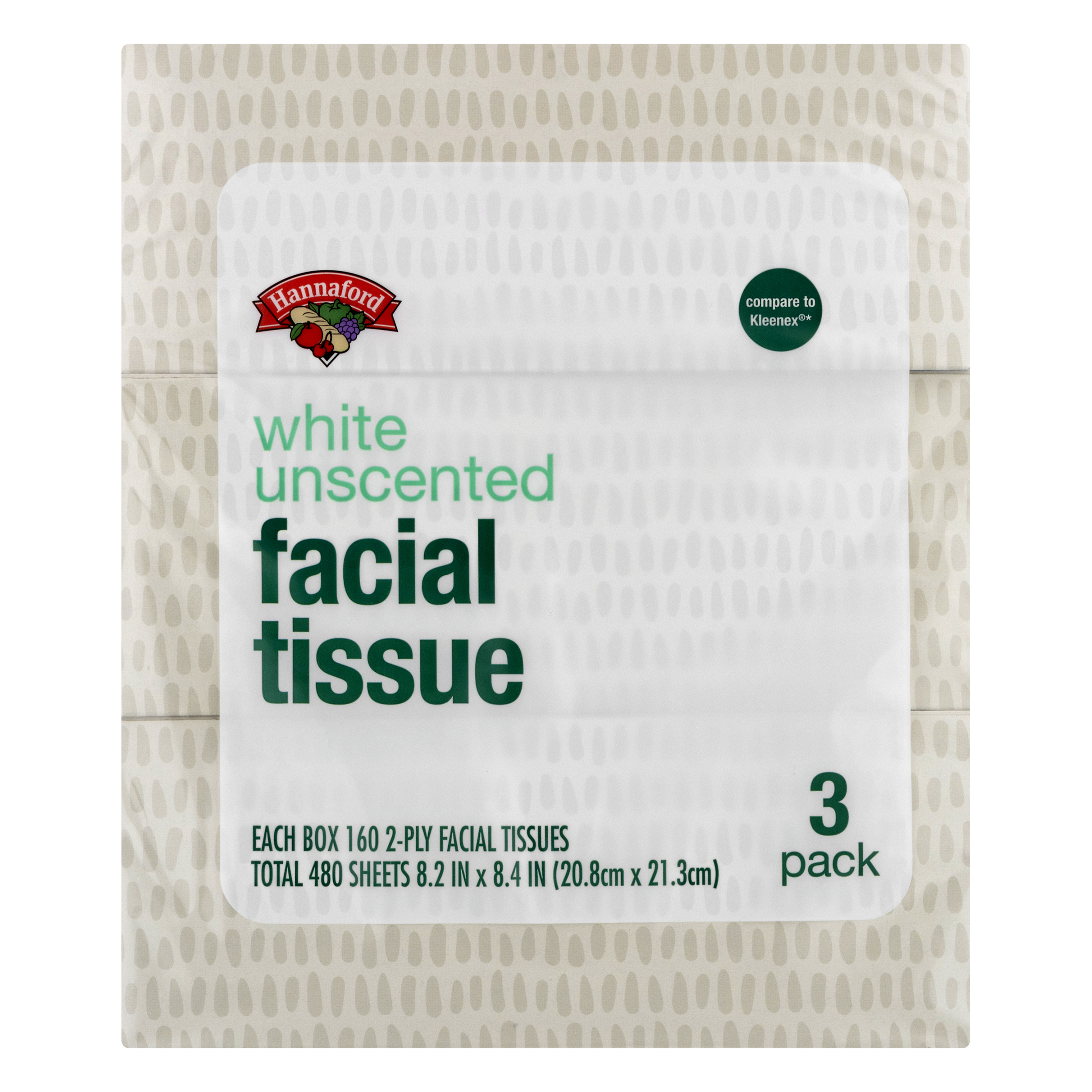 Hannaford Facial Tissue, White, Unscented, 2-Ply, 3 Pack, Wrapper