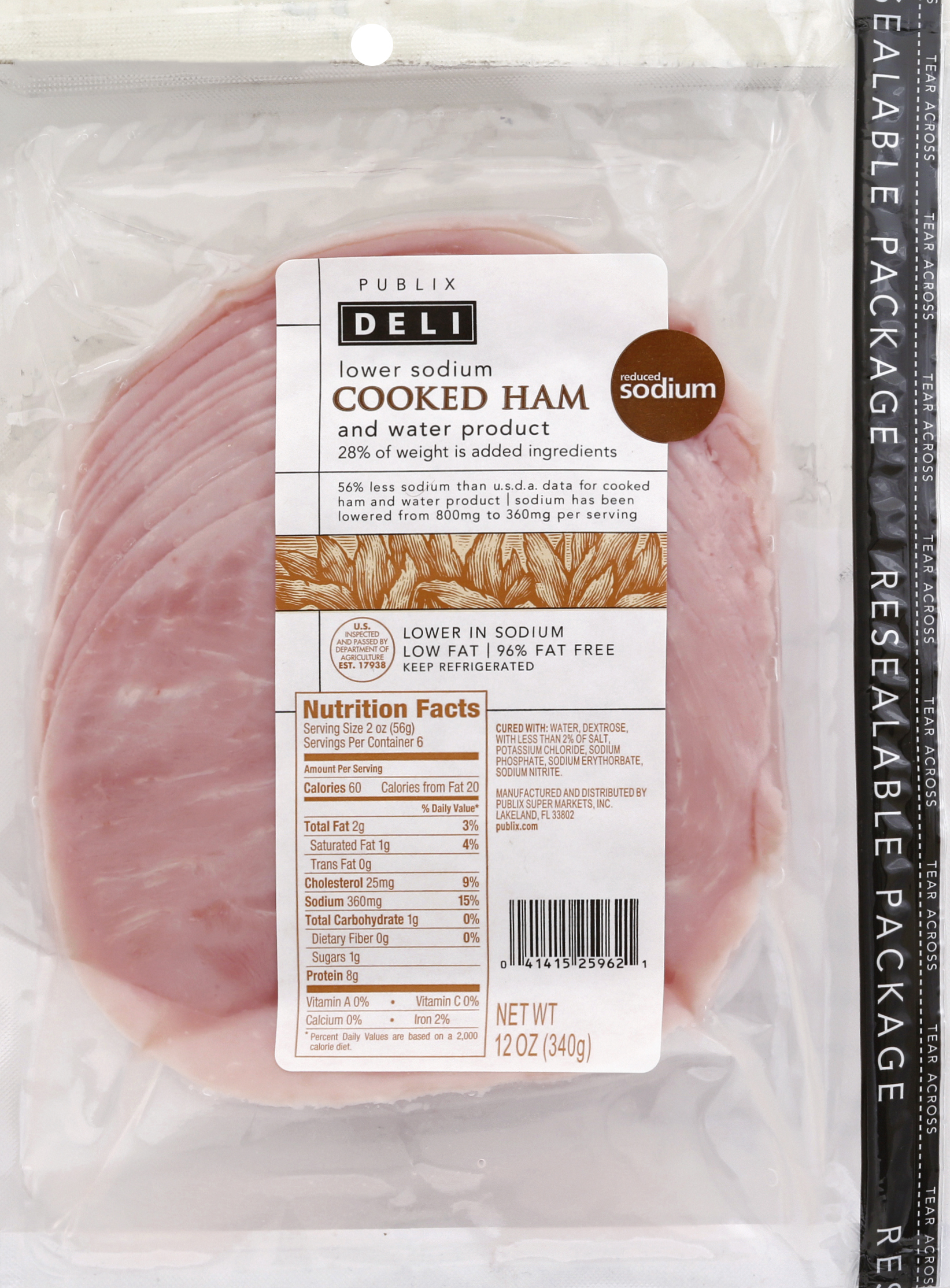 Publix Deli Ham 12 oz RESEALABLE BAG